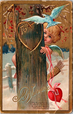 My Valentine Poem Tree Cupid Dove Heart Old Trim series N01 1910s ...