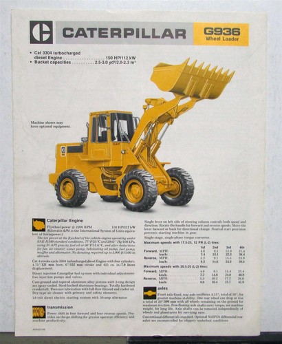 1986 CAT G936 Wheel Loader Construction Specifications Sales Tri-Folder ...