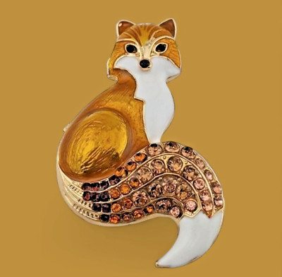 RED FOX BROOCH or PENDANT convertible crystal & enamel goldtone Kitsune ...