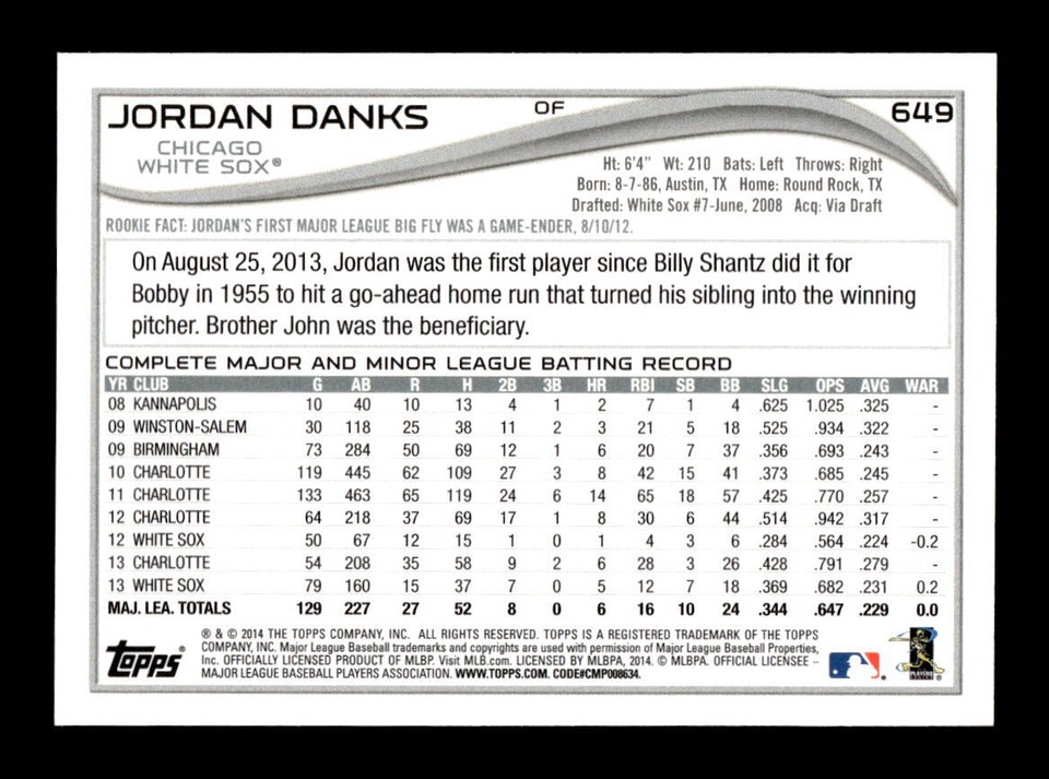 2014 Topps Jordan Danks #649 | eBay
