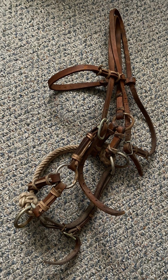 Vintage Horse Western Amish Leather Rope Bitless Training Side Pull ...