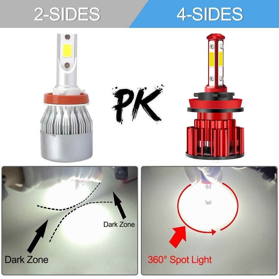 Super Bright 4x Combo H9 H11 LED Headlight High Low Beam Bulbs 10000K ...