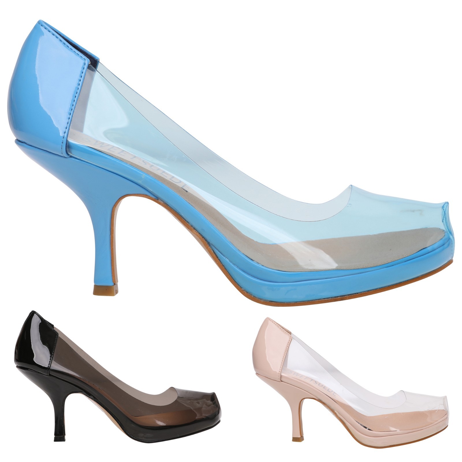 WOMAN LADIES CASUAL SMART WORK MID HEEL PERSPEX COURT PUMP SHOES SIZE 3 ...
