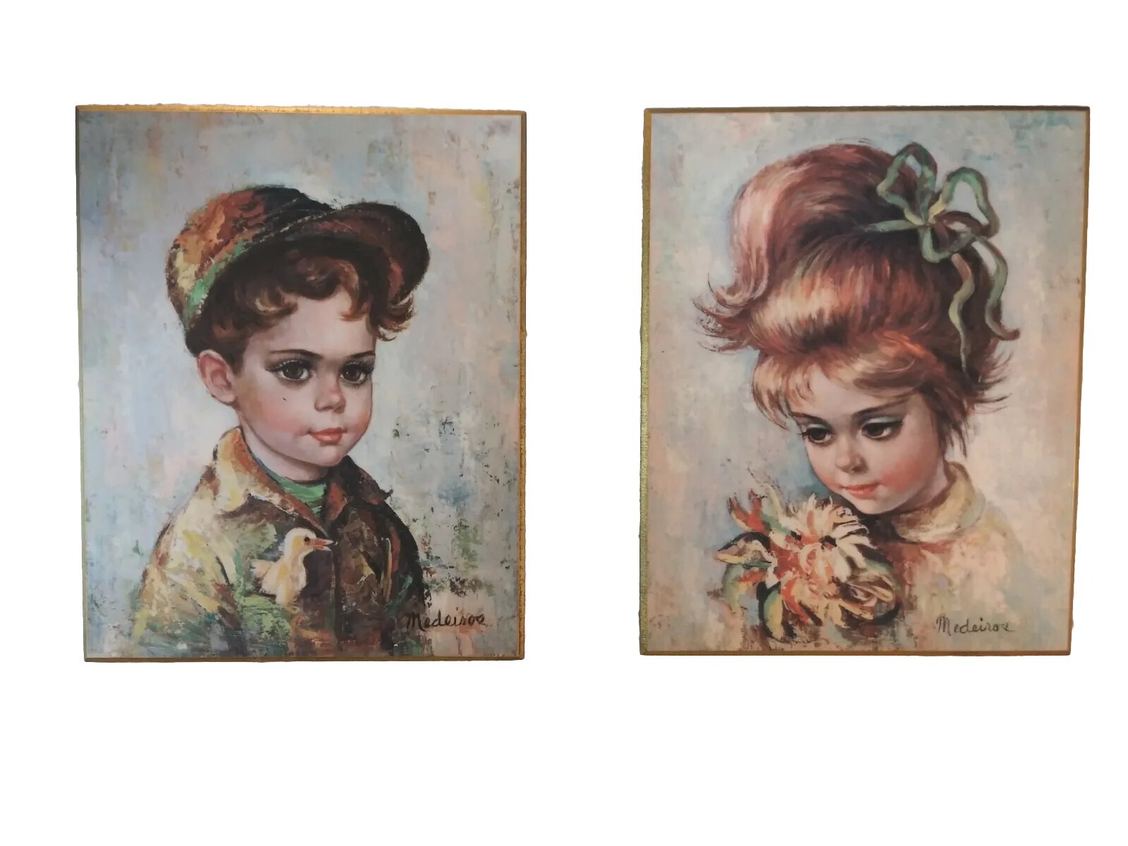 Mid Century Art Medeiros 1960's Big Eyes Boy/ Girl Litho Prints on Hard ...