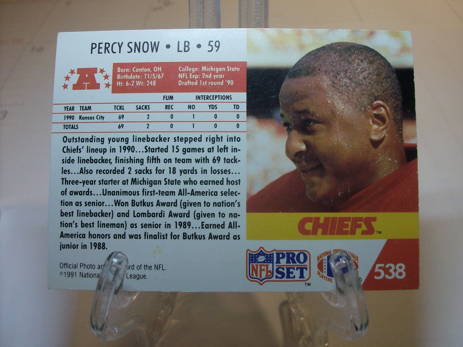 1991 Pro Set Football #538 - Percy Snow - Kansas City Chiefs 91-140 | eBay