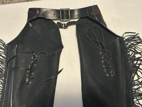 Vintage Gypsy Black Leather Biker Moto Chaps Womens Fringe Rose Concho ...