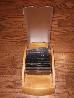Vintage Rolodex Desktop Business Card Organizer Wood Base Plastic Lid ...