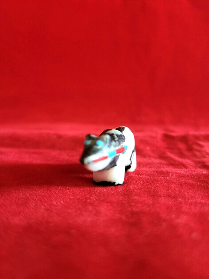 Native American Zuni Granite Wolf Fetish With Coral & Turquoise ...