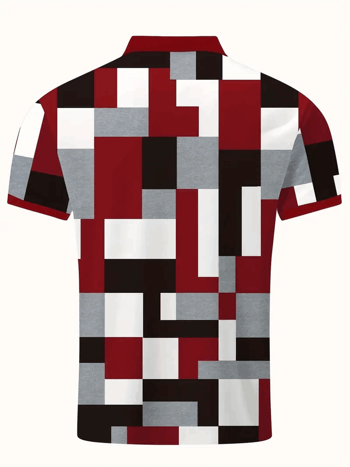 Red Black Block Men Polo T-Shirt Collar Zipper Fashion Short Sleeve T ...