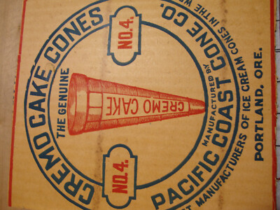 Pacific Coast Cone Co, CREMO CAKE CONE Ice Cream Sign off Cardboard box ...