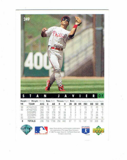 Stan Javier Philadelphia Phillies Outfield #249 Upper Deck 1992 # ...