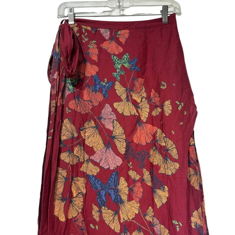 Free People Bri Bri Butterfly Maxi Skirt Side Slit Red Combo Faux Wrap ...