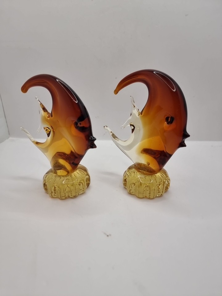 Two Vintage Murano Glass Amber Fish Approximately 5" Tall. Beautiful As ...
