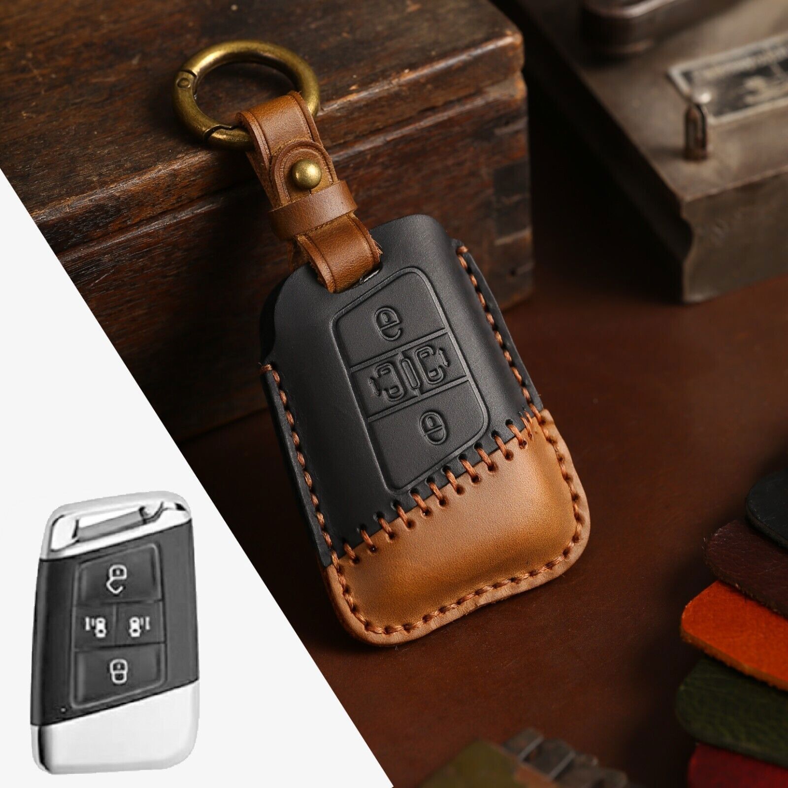 Genuine Leather Car Remote Key Fob Case Cover Bag For VW Atlas Jetta ...