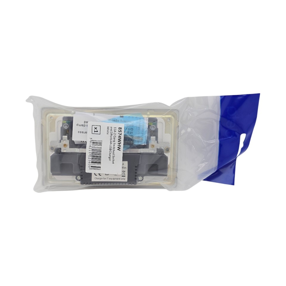 Deta 2 Gang 13A Switched Socket with 3 4A USB Charger Ports White ...
