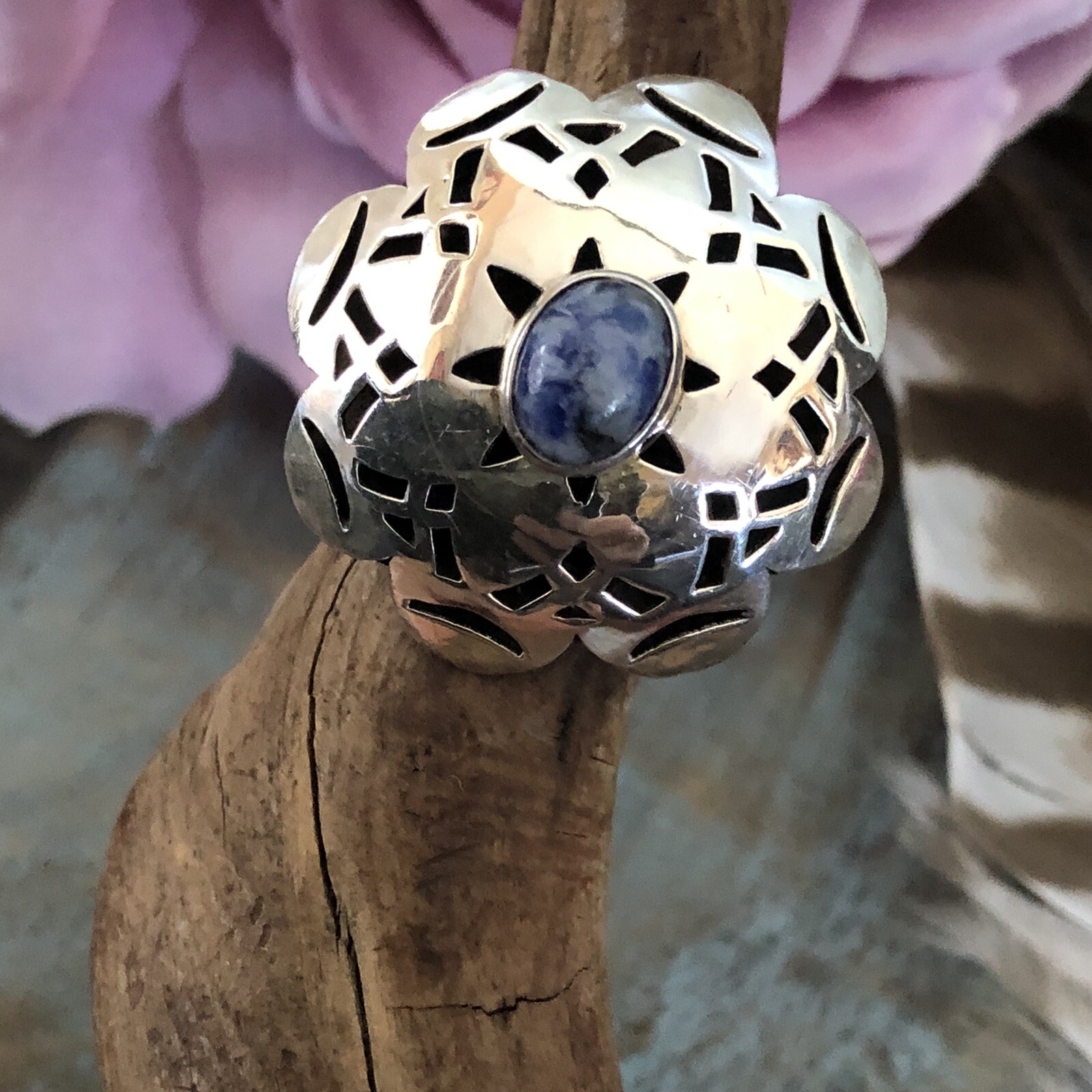 modern tribal denim lapis flower ring Size 8 - Gem