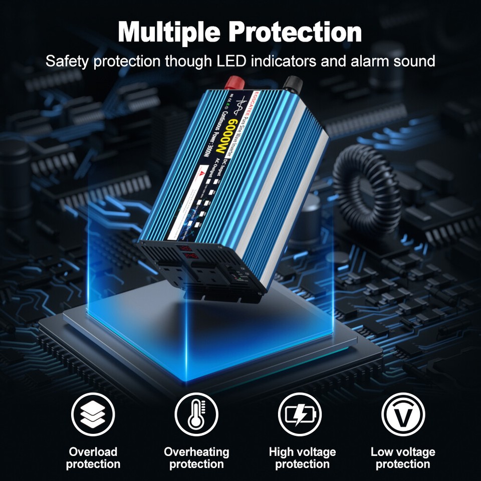 3000W 6000W Pure Sine Wave Inverter Power 12V DC 240V AC LED USB CAR RV ...