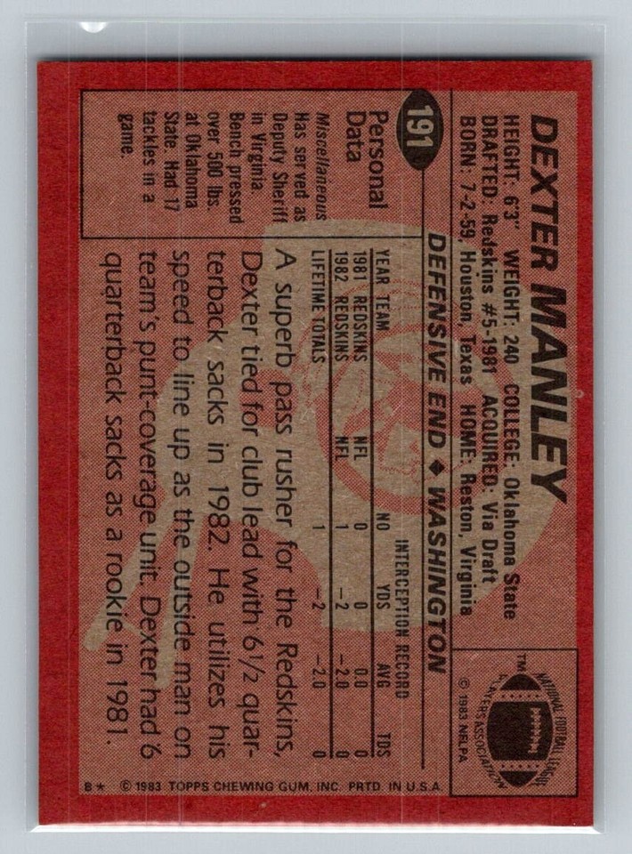 1983 NFL Topps Dexter Manley #191 Washington Redskins 83-TFBC | eBay