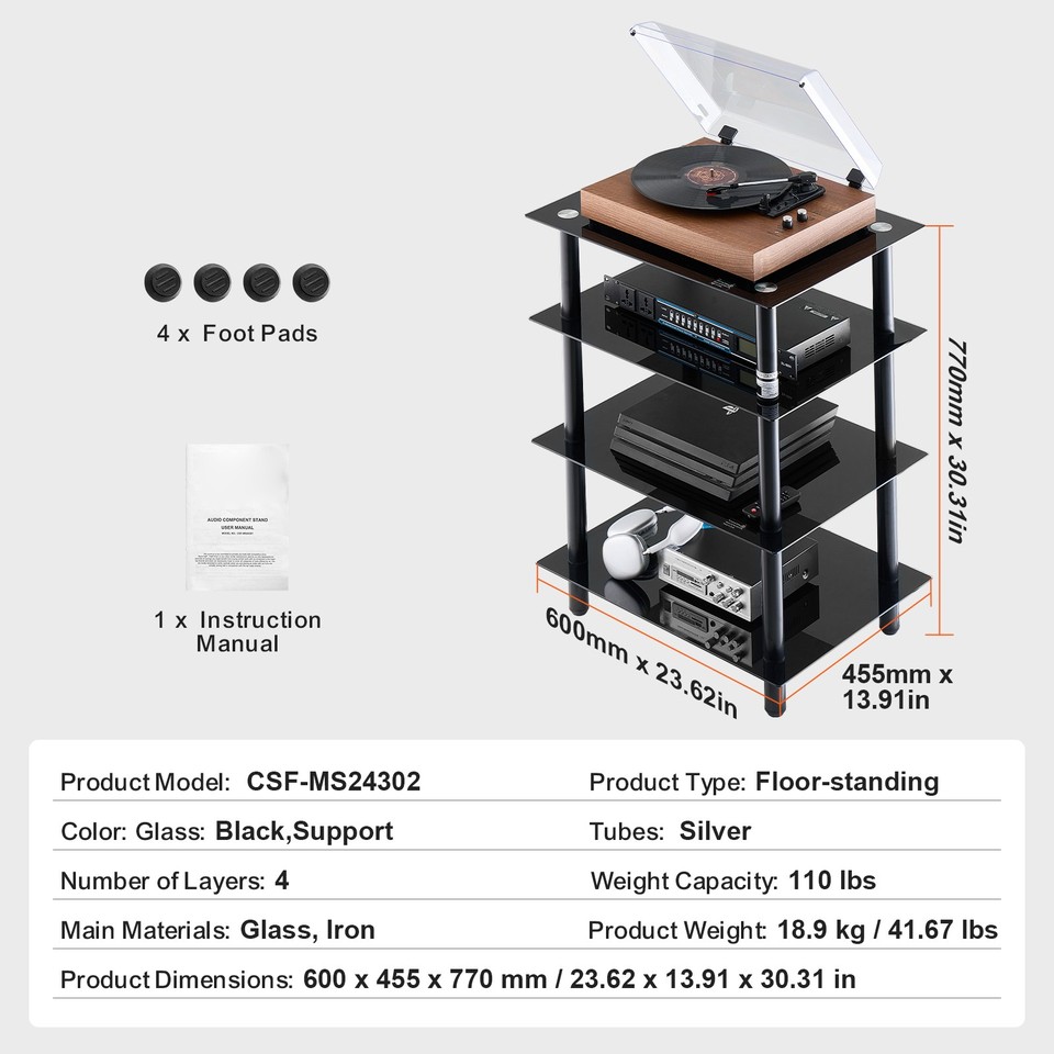 Uimoso 4-Tier AV Media Stand Strengthened Tempered Glass Audio/Video ...