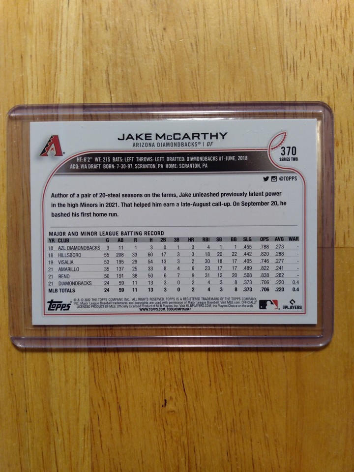 2022 Topps Series Two Jake McCarthy #370 Rookie Card (RC) - Arizona ...