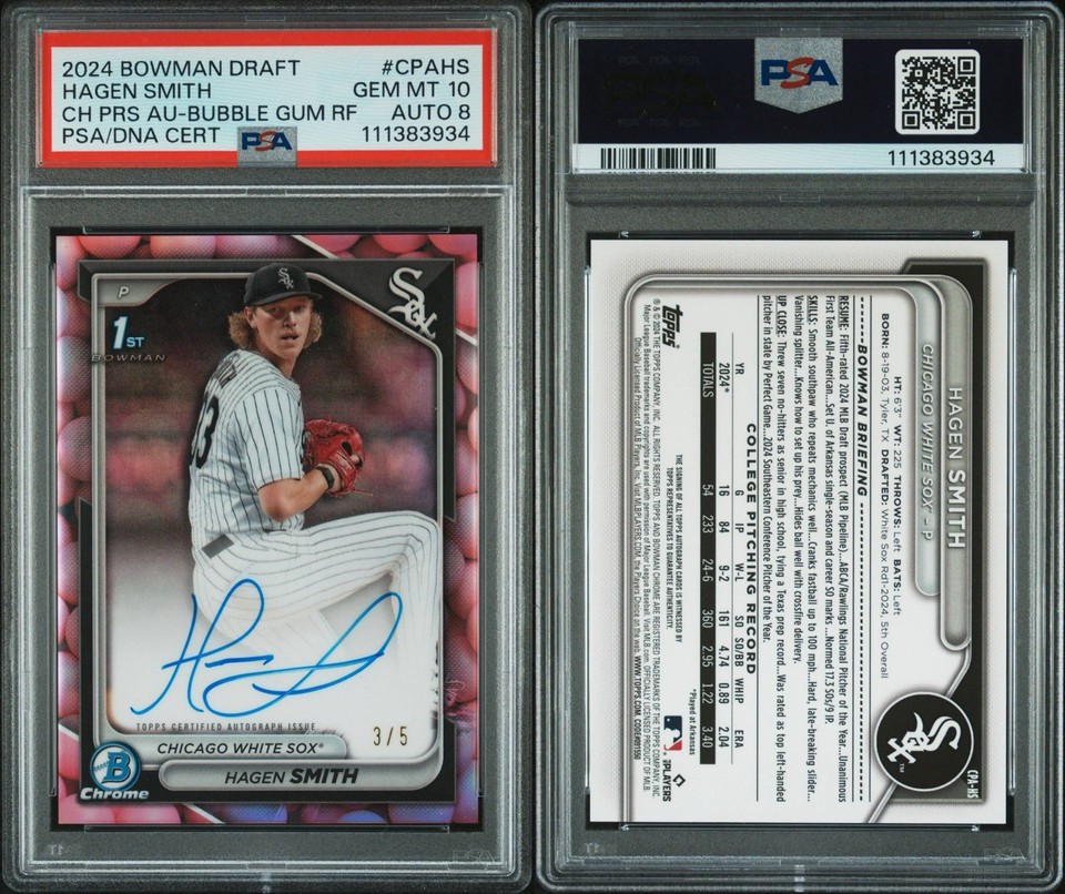 2024 Bowman Draft Hagen Smith Bubble Gum Refractor /5 Autograph PSA 10 ...