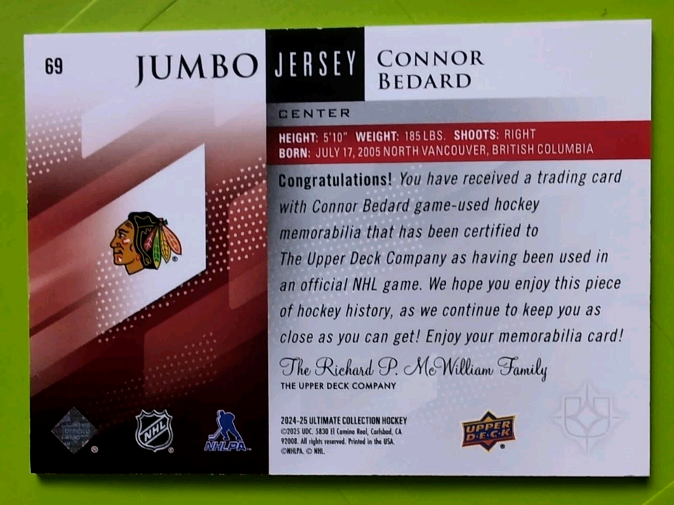 CONNOR BEDARD JUMBO JERSEY 2024-25 ULTIMATE COLLECTION SP 053/199 ...