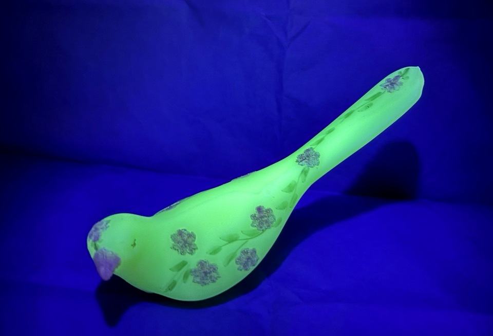 Fenton Uranium Satin Custard Glass Bird of Happiness Floral Hand ...