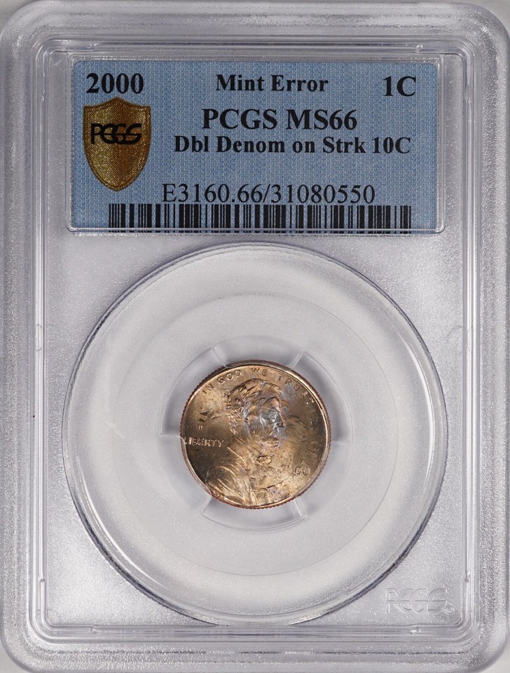 2000 Double Denomination 1c Cent Struck on 10c Dime 11 Cent Mint Error ...