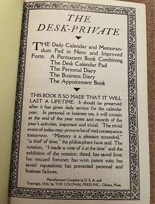 Desk Private - Appointments, Memoranda, Reminders, Diary - 1937 | eBay