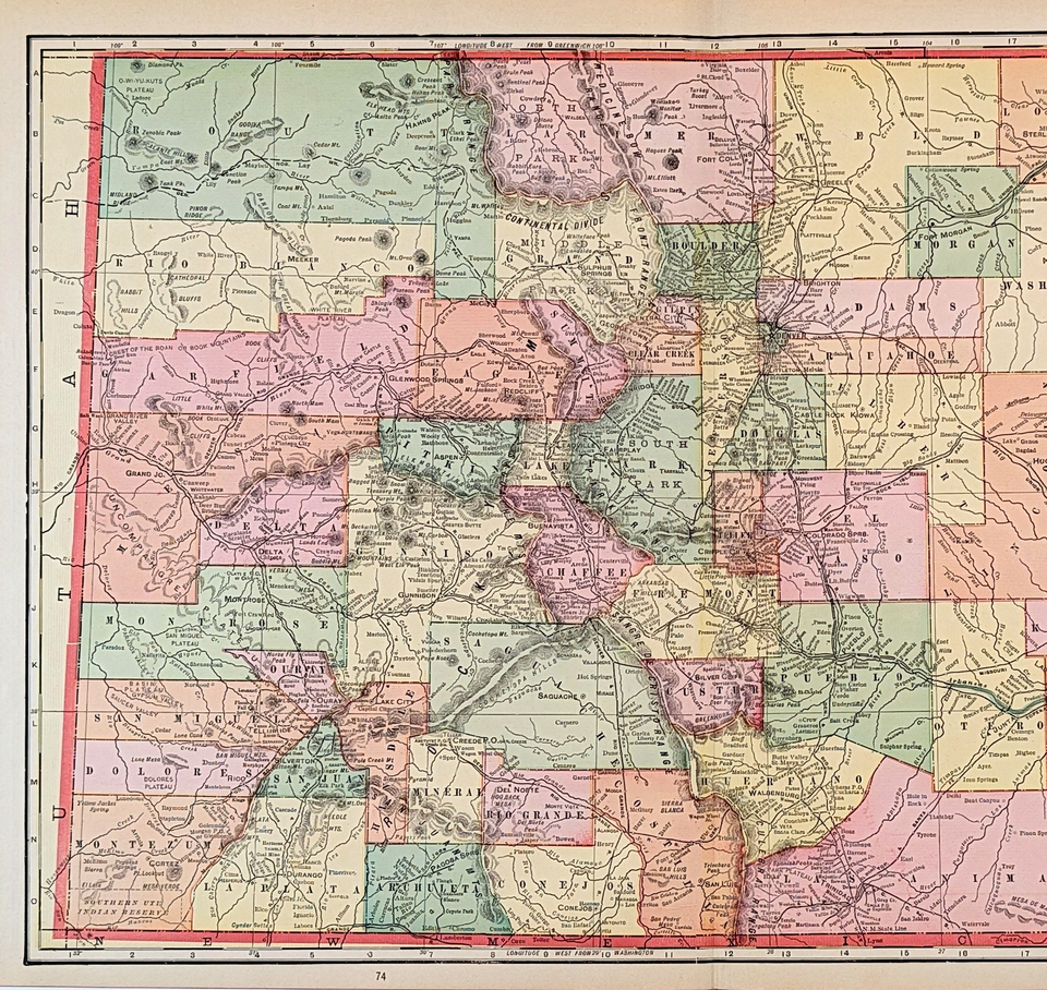 1908 COLORADO State Map ORIGINAL (20x13) County Townships Railroads ...