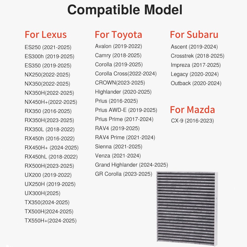 CF12157 Activated Carbon Cabin Air Filter Compatible For Toyota Rav4 ...