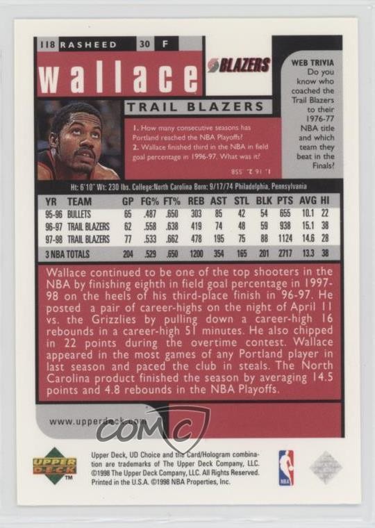 1998-99 Upper Deck UD Choice Preview Rasheed Wallace #118 | eBay