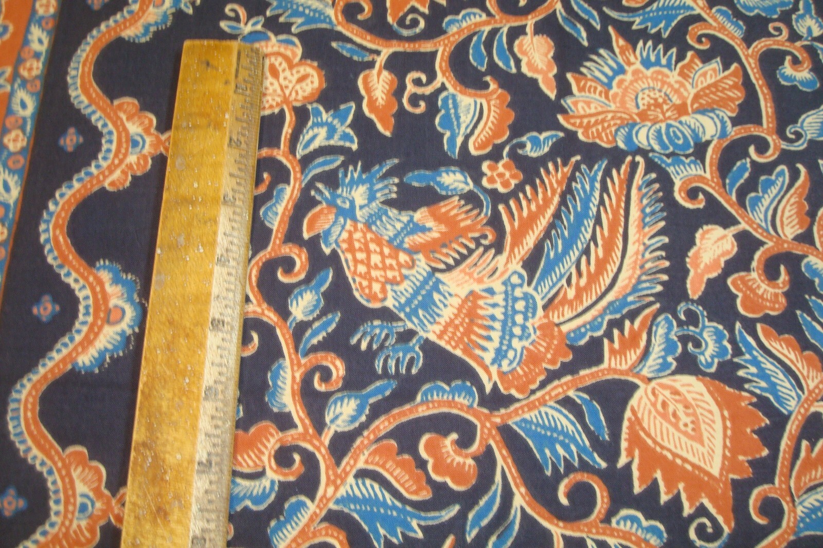 Vtg 2 pc GREEFF Fabric Malacca Jacobean Bird Stripe Navy orange 26" x ...