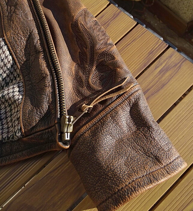 Mens Vintage Style Tea-core Cowhide Leather Jacket Embroidery Washed ...