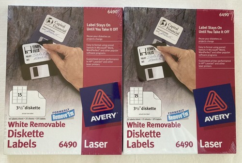 (2) Avery 6490 Diskette Labels 3.5" Remove 'Em Removable 375 Each=750 ...