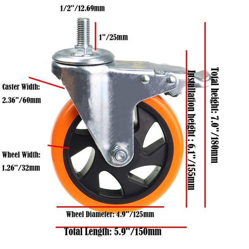 5 Inch Heavy Duty Orange Stem Casters Dual Locking Wheel 3000Lbs ...
