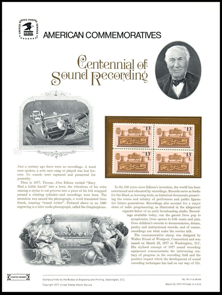 1977 Sound Recording 100th Edison audio CP74 commemorative panel 74 MNH ...