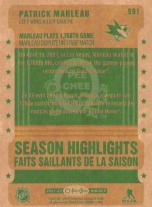 PATRICK MARLEAU ~ 2021-22 O-Pee-Chee RETRO ~ SEASON HIGHLIGHTS #591 ...