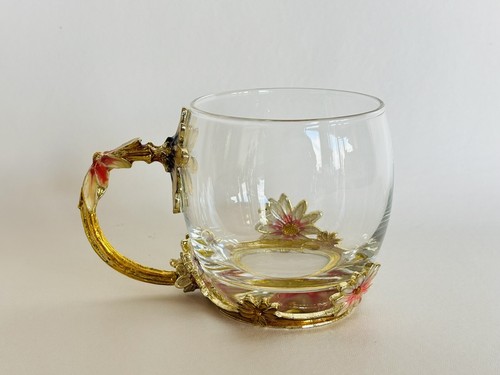 ARC of France Clear Glass Tea Coffee Cup Mug 32C1 Gold Tone Floral ...