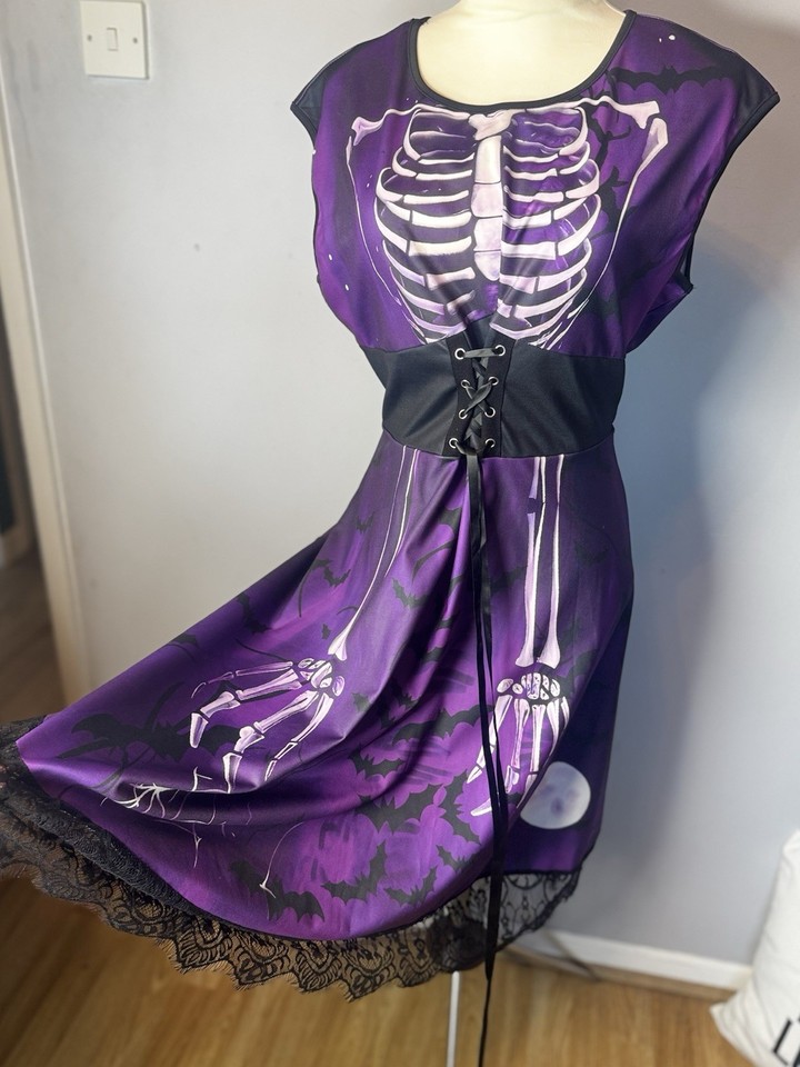 Purple Skeleton Gothic Dress XXL Stretch Corset Waist Bones lace Bat ...