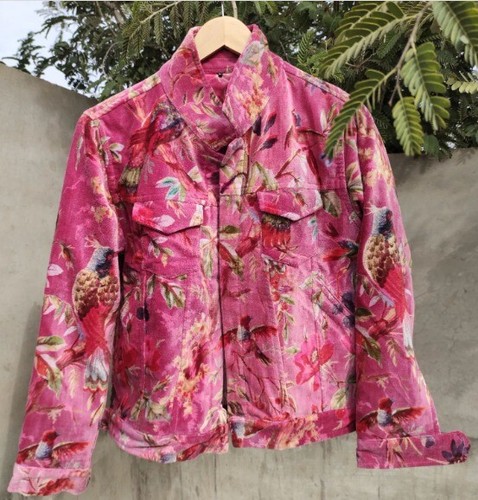 New Indian Pink Bird Velvet Quilted Jacket Handmade Jackets Women's ...