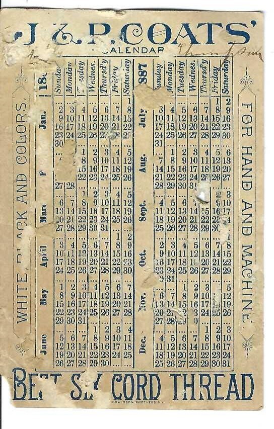AM-229 J & P Coats Thread 1887 Calendar Card Victorian Advertising ...