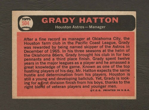 1966 Topps Baseball Card #504 Grady Hatton – Houston Astros | eBay