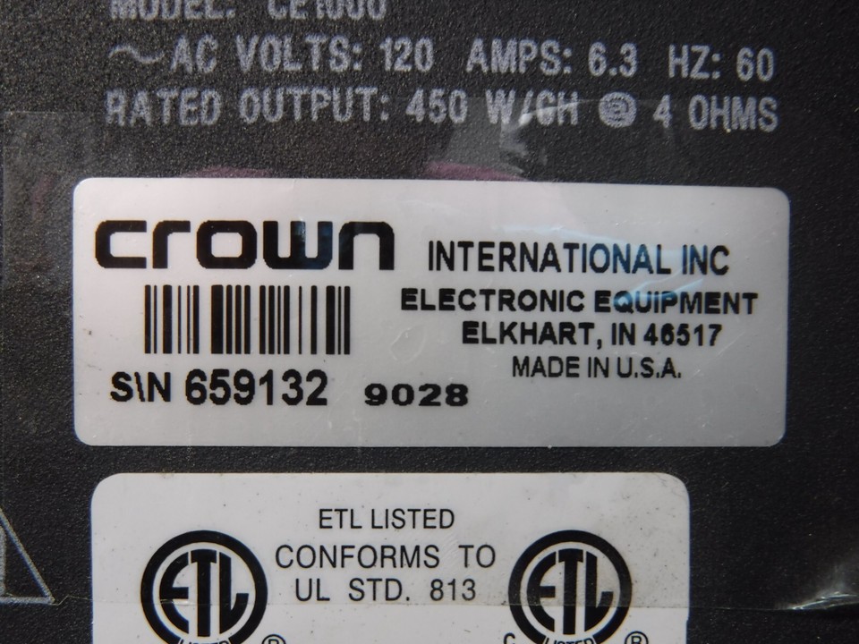 Crown CE1000 450 Watt 2 Channel Professional Audio Power Amplifier Rack ...