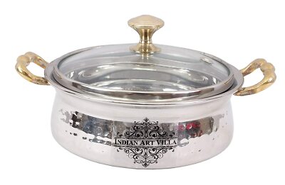 Hammered Stainless Steel Casserole Donga with Glass Lid, 2200 ml ...