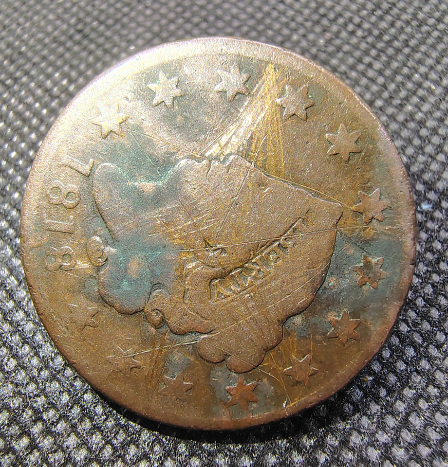 1818 USA Coronet Large Head Liberty One Cent Copper Coin Penny 1c ...