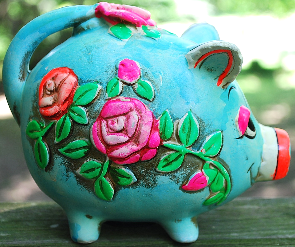 Vtg 1967 PIG Piggy Bank BLUE/PINK ROSES Holiday Fair Japan w Orig ...
