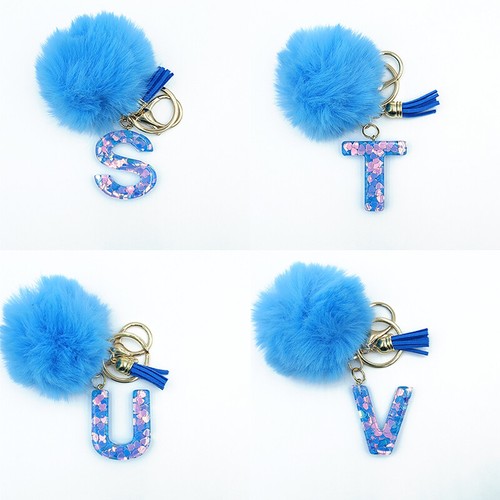 Fashion 26 Initials Alphabet Charms Keyrings Blue Pompom Letter ...