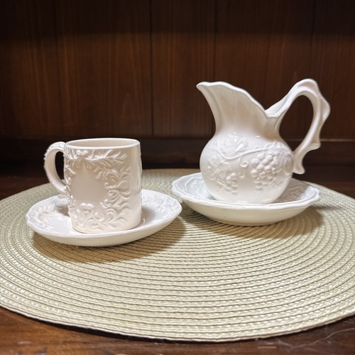 Vintage - Enesco White Ceramic Grapes Pitcher Bowl Tea Cup & Saucer ...