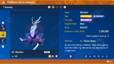 Timid 6IV EV Trained Level 100 Miraidon Pokemon Scarlet/Violet Home ...